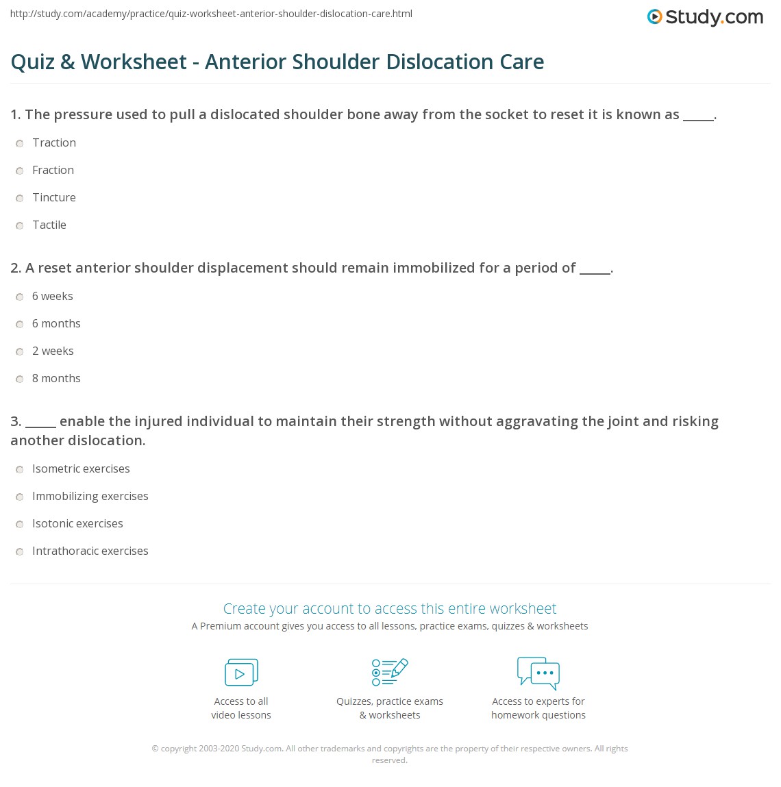 Quiz & Worksheet - Anterior Shoulder Dislocation Care | Study.com