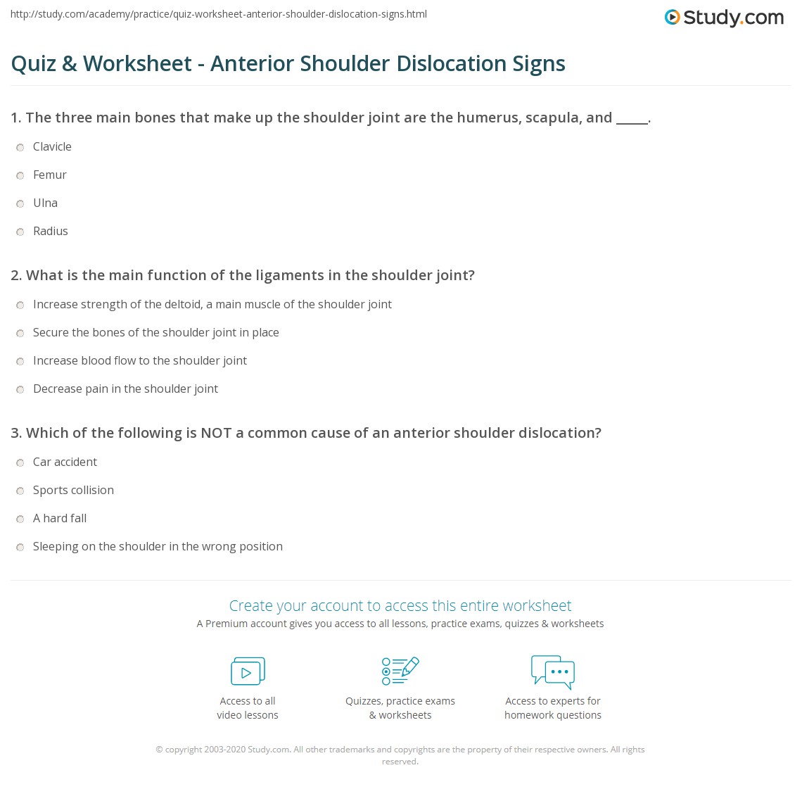 Quiz & Worksheet - Anterior Shoulder Dislocation Signs | Study.com