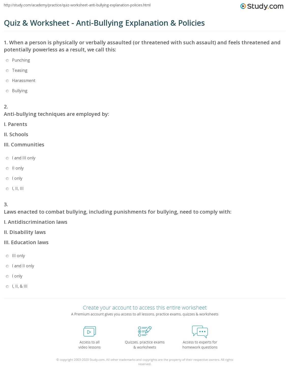 Quiz & Worksheet - Anti-Bullying Explanation & Policies | Study.com