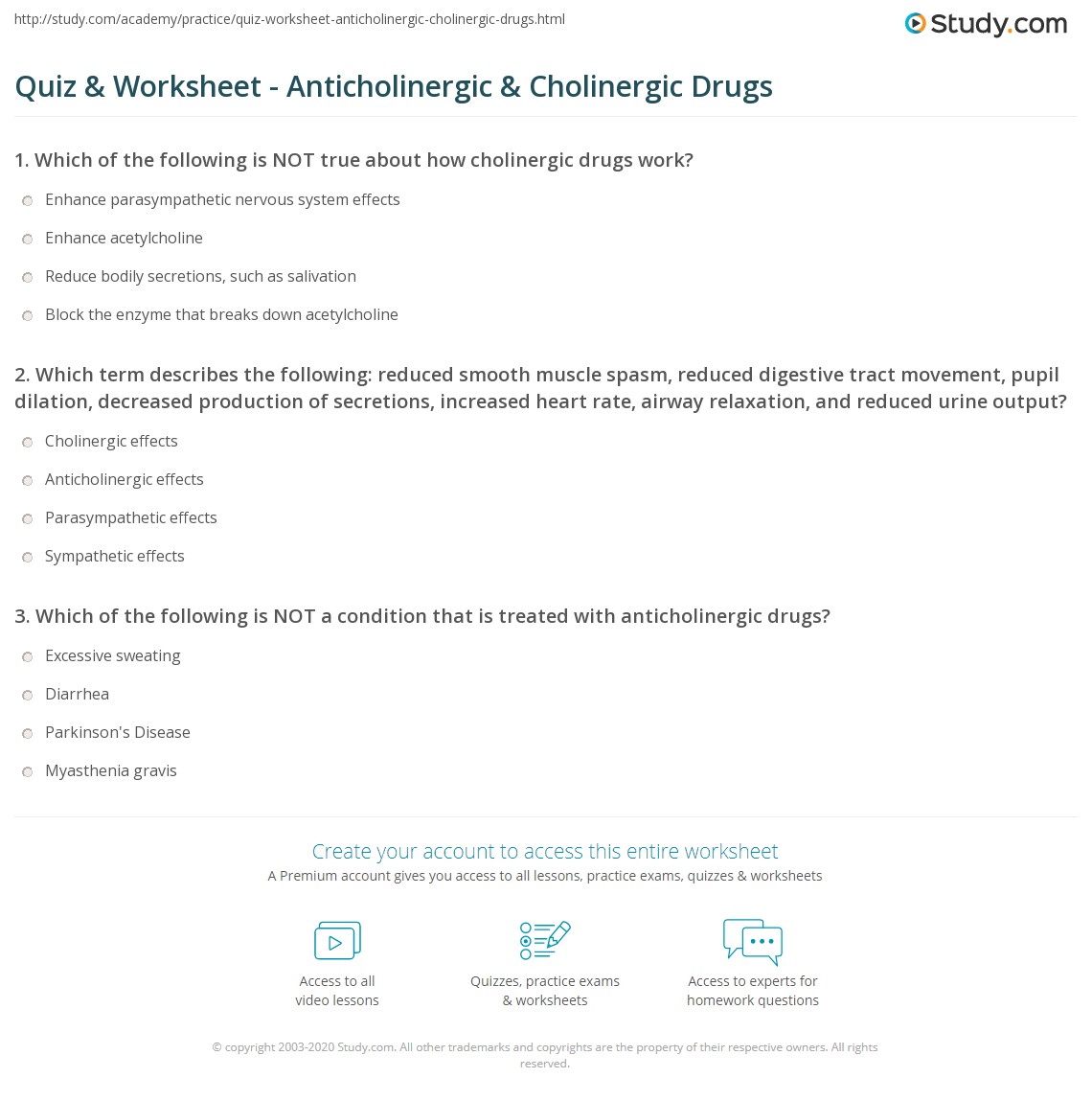 Quiz & Worksheet - Anticholinergic & Cholinergic Drugs | Study.com