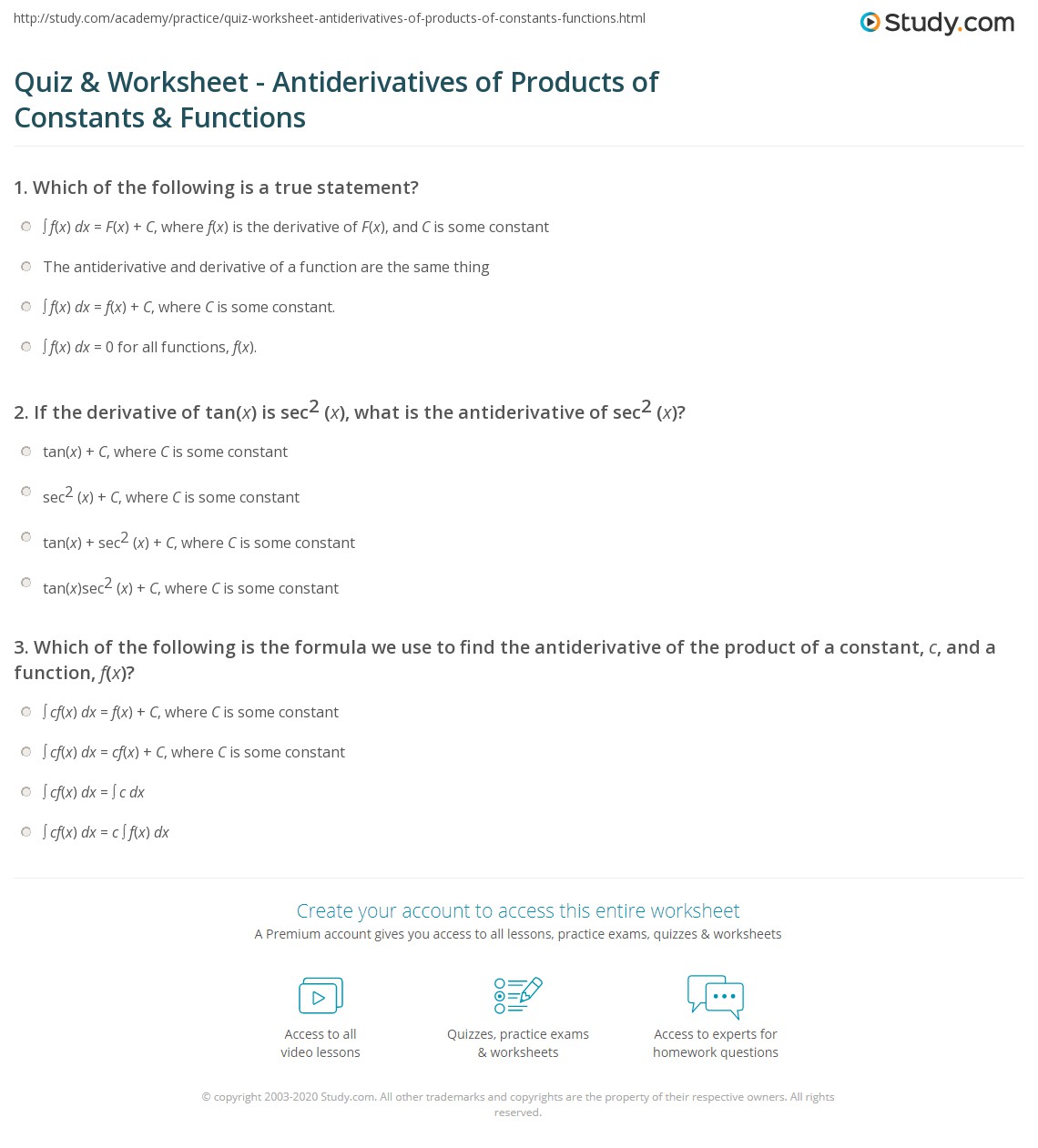 Quiz & Worksheet - Antiderivatives of Products of Constants & Functions ...
