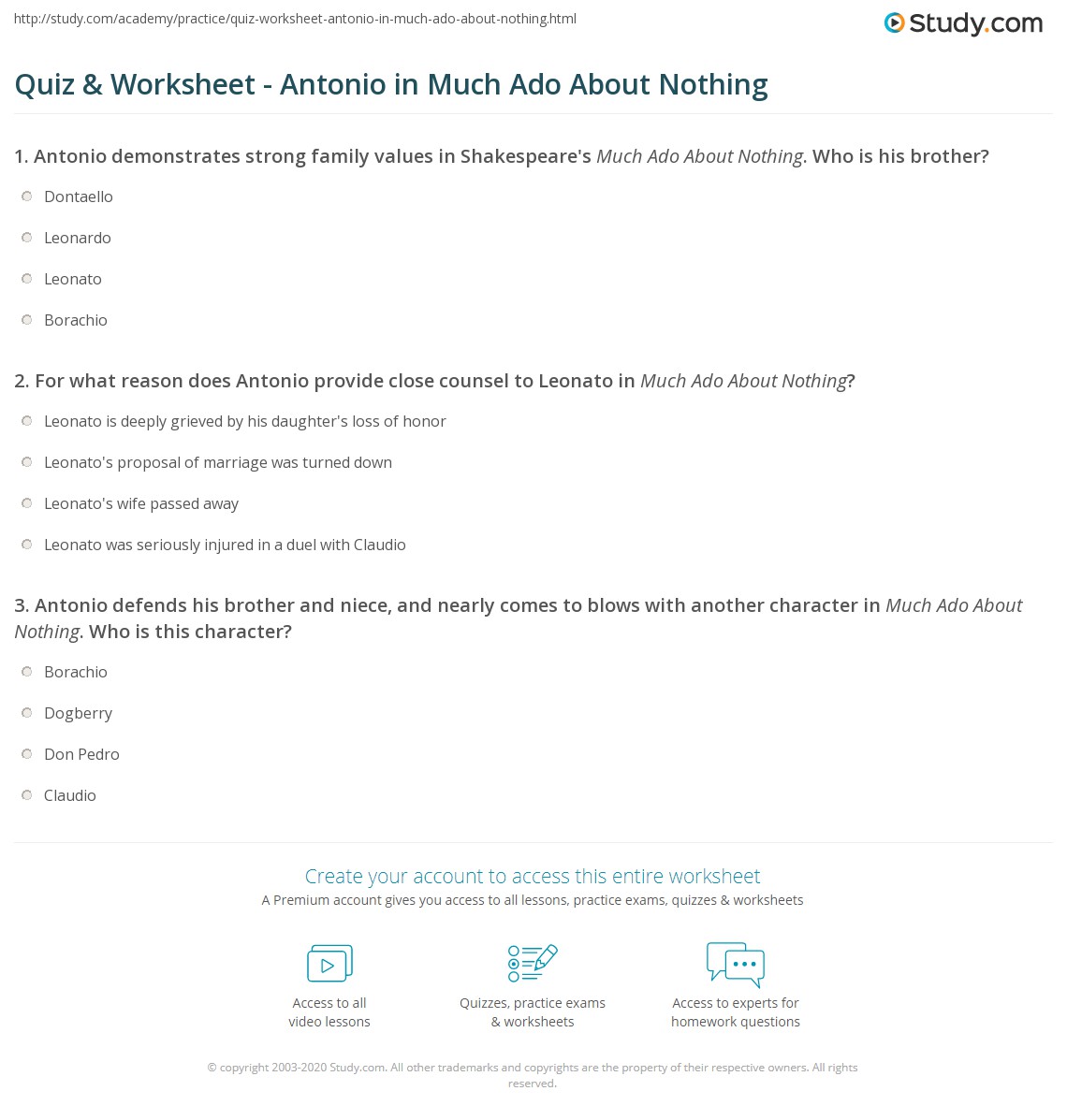 Quiz & Worksheet - Antonio in Much Ado About Nothing | Study.com
