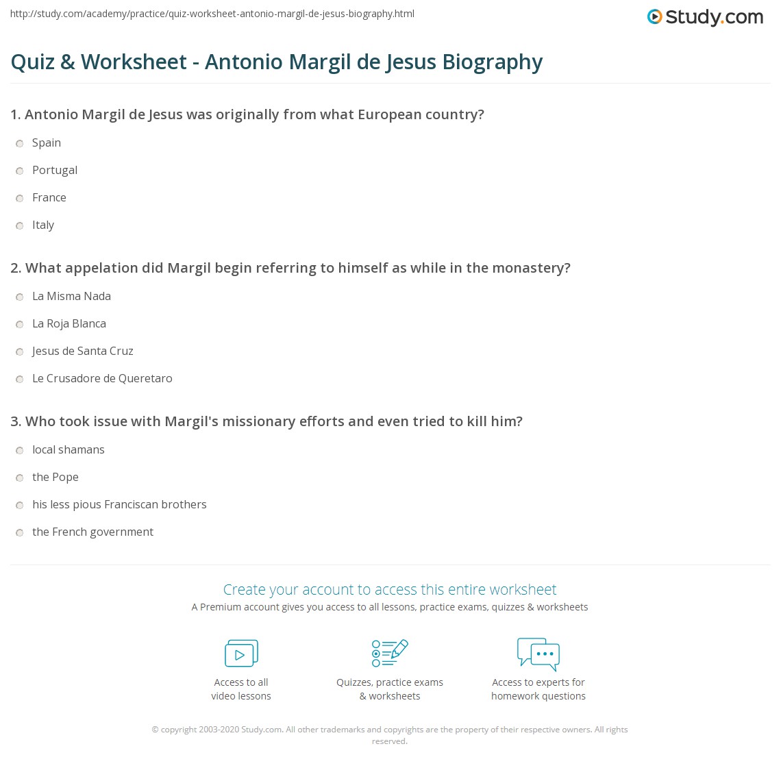 Quiz & Worksheet - Antonio Margil de Jesus Biography | Study.com