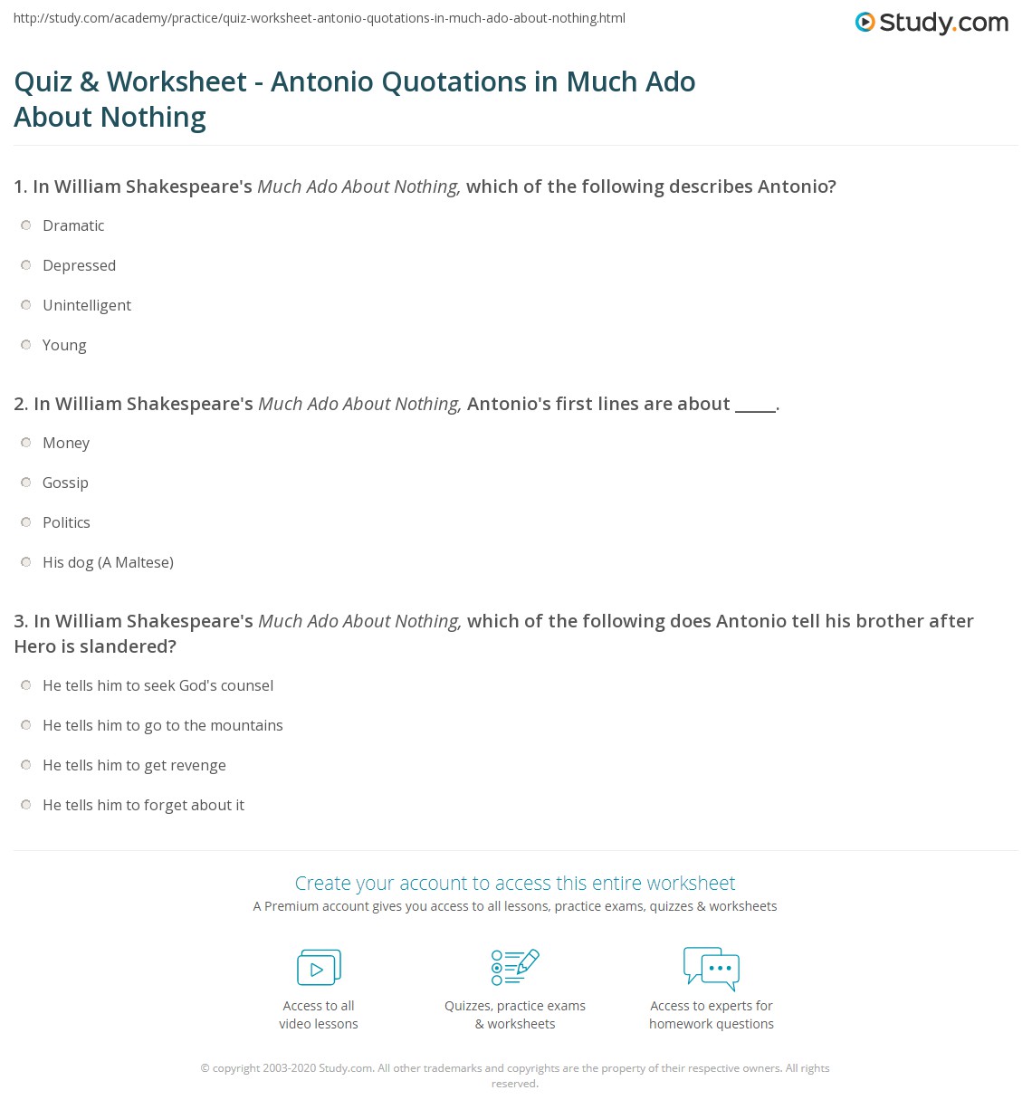 Quiz & Worksheet - Antonio Quotations in Much Ado About Nothing | Study.com