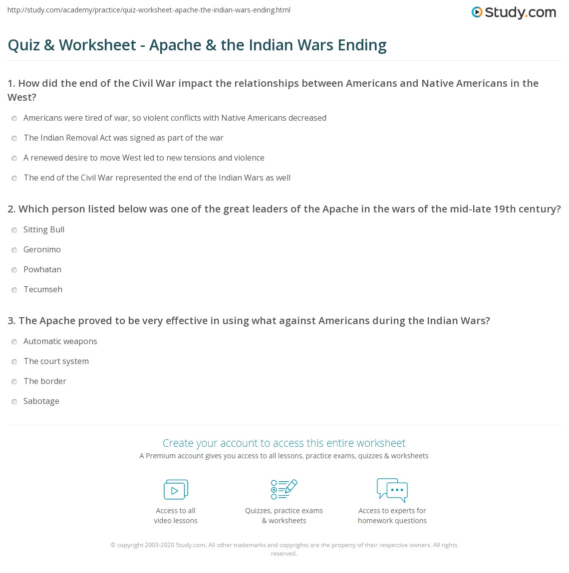 Quiz & Worksheet - Apache & the Indian Wars Ending | Study.com