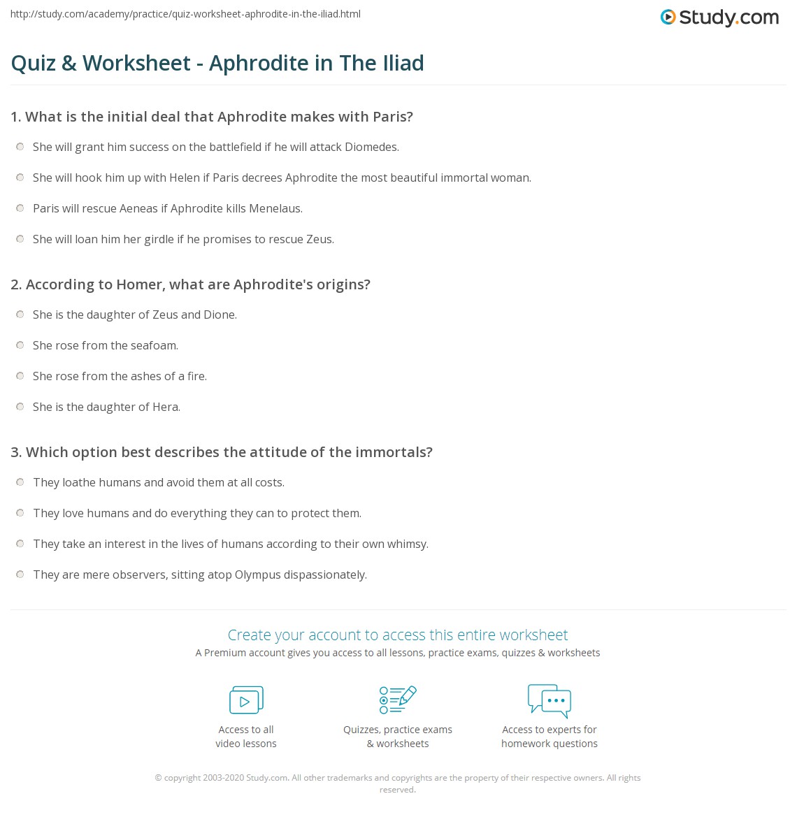 Quiz & Worksheet - Aphrodite in The Iliad | Study.com