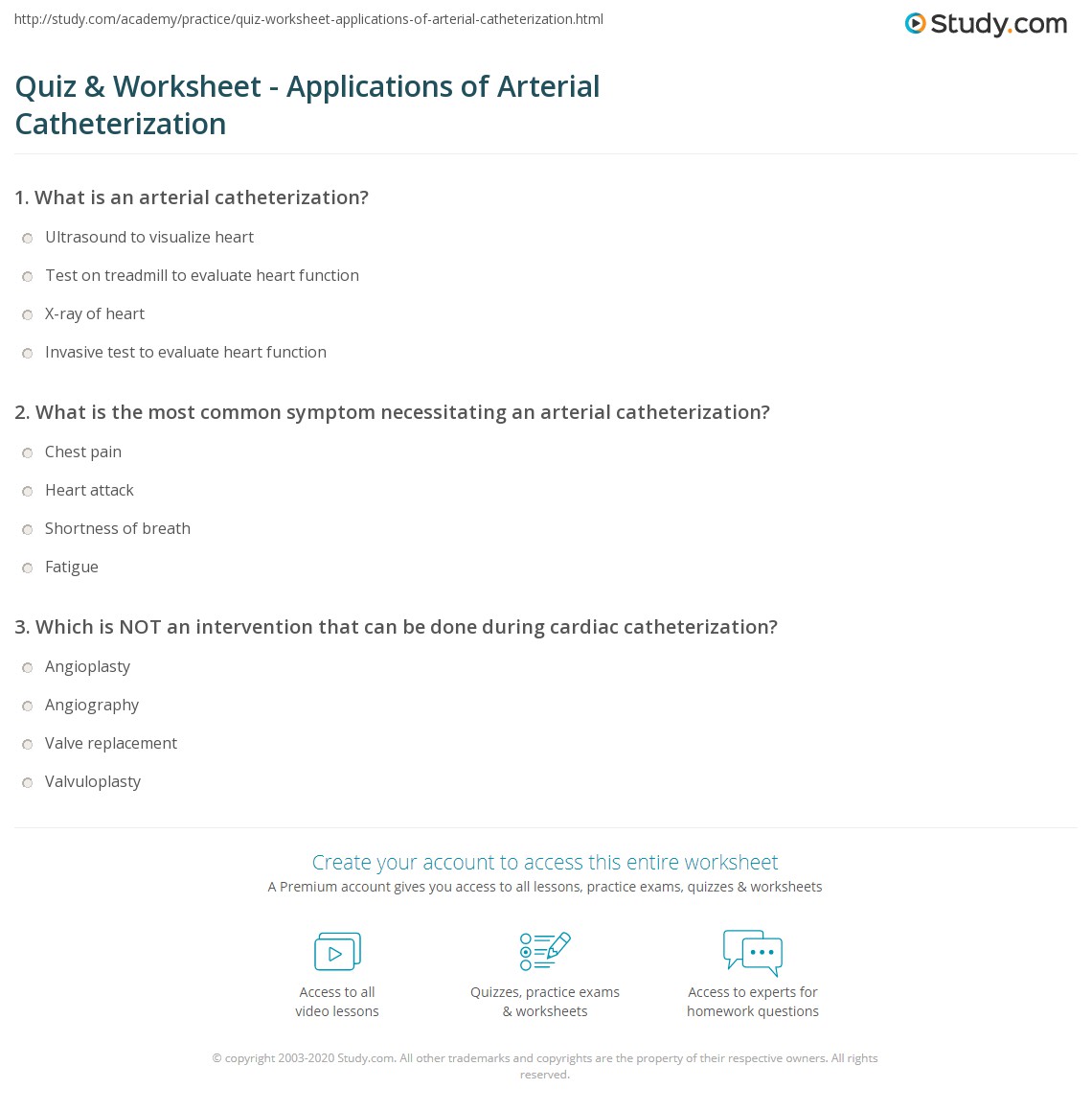 Quiz & Worksheet - Applications of Arterial Catheterization | Study.com