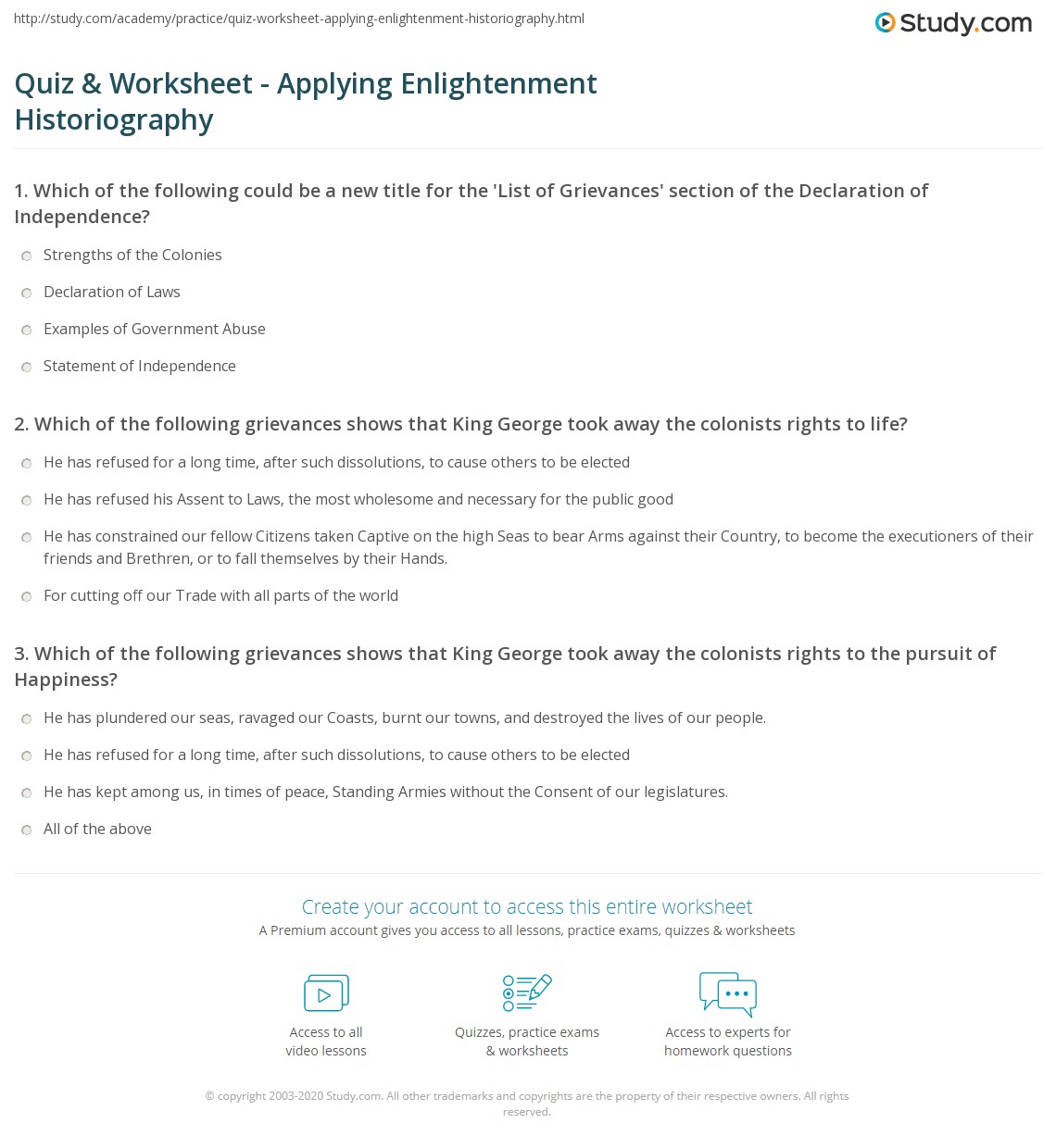 Quiz & Worksheet - Applying Enlightenment Historiography | Study.com