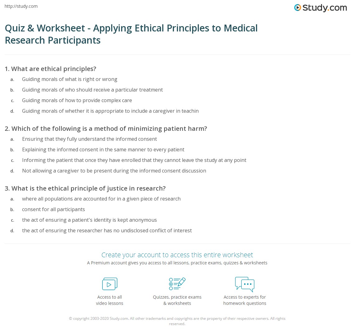 Quiz & Worksheet - Applying Ethical Principles to Medical Research ...