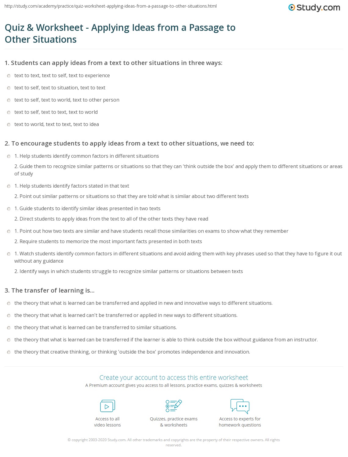 Quiz & Worksheet - Applying Ideas from a Passage to Other Situations ...