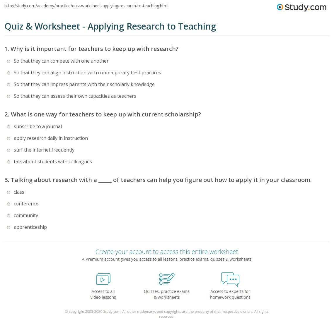 Quiz & Worksheet - Applying Research to Teaching | Study.com
