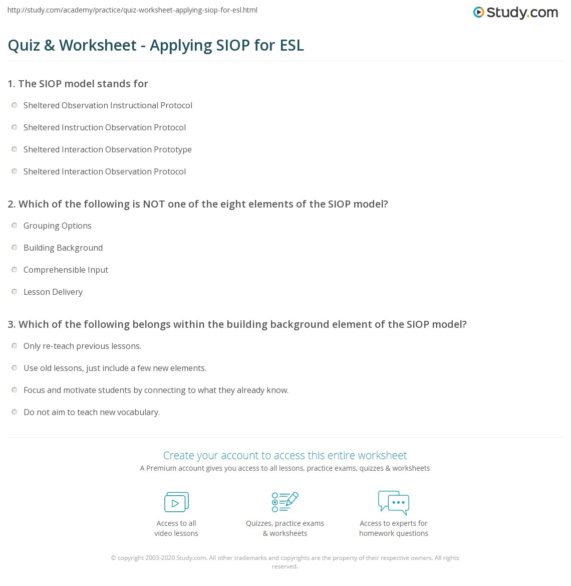 Quiz & Worksheet - Applying SIOP for ESL | Study.com