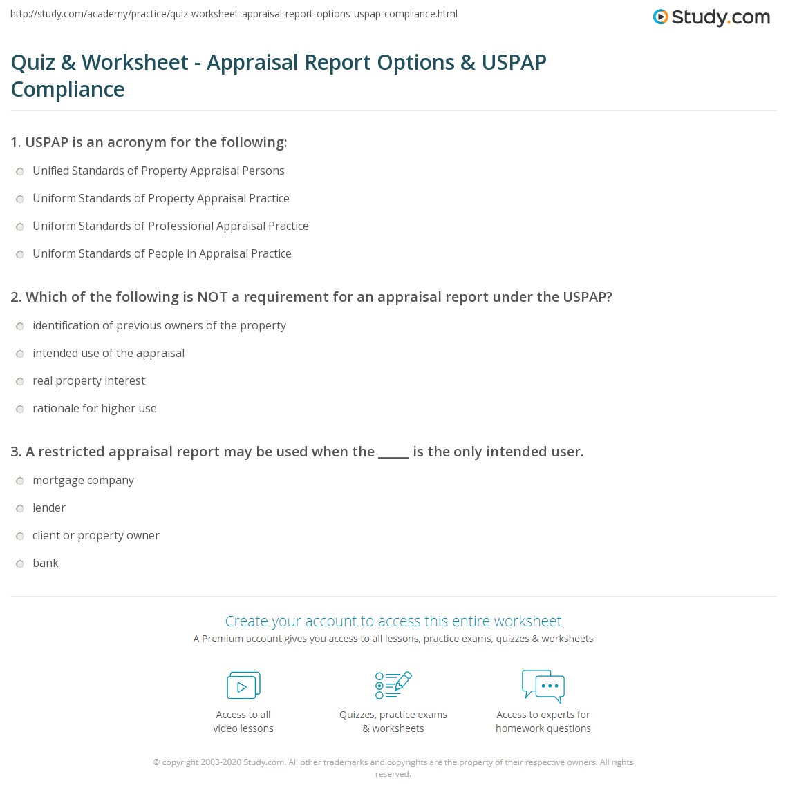 Quiz & Worksheet - Appraisal Report Options & USPAP Compliance | Study.com