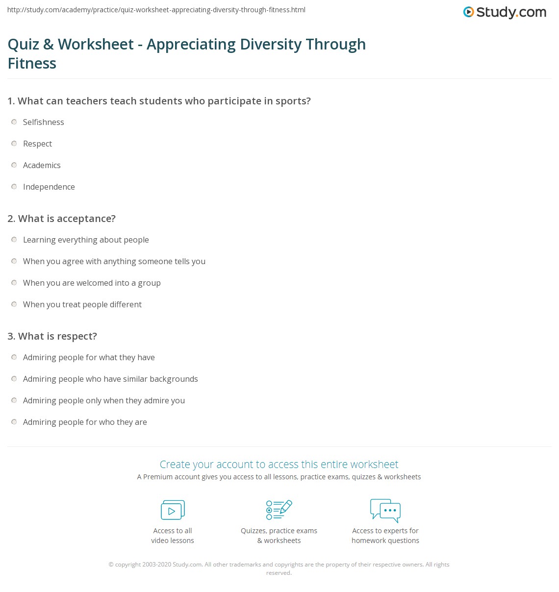 Quiz & Worksheet - Appreciating Diversity Through Fitness | Study.com