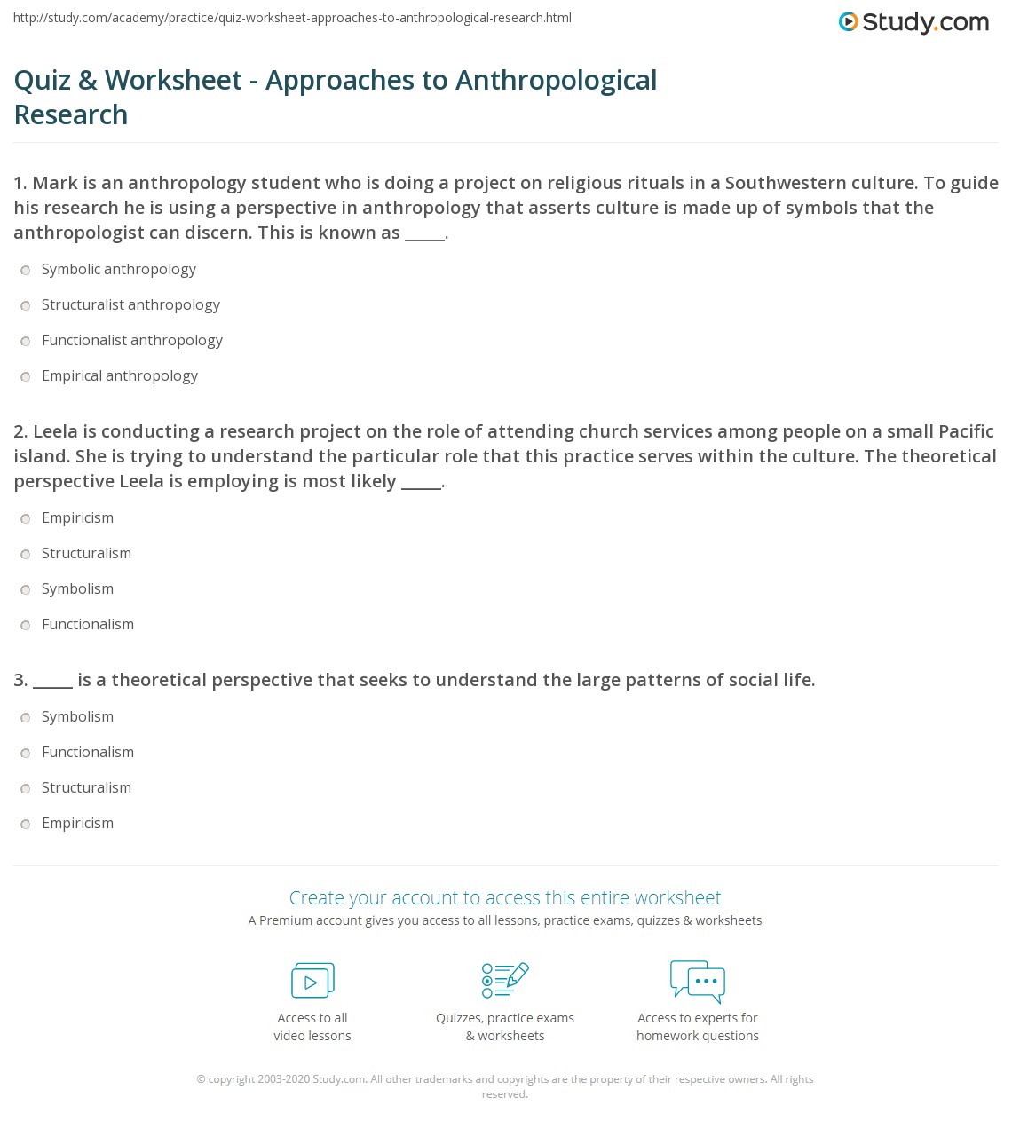 Quiz & Worksheet - Approaches to Anthropological Research | Study.com