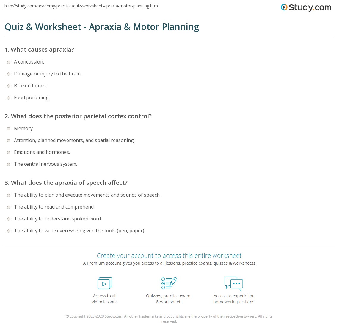 Quiz & Worksheet - Apraxia & Motor Planning | Study.com