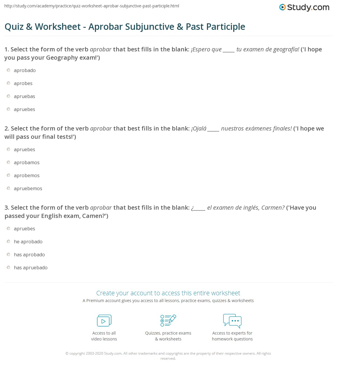Quiz & Worksheet - Aprobar Subjunctive & Past Participle | Study.com