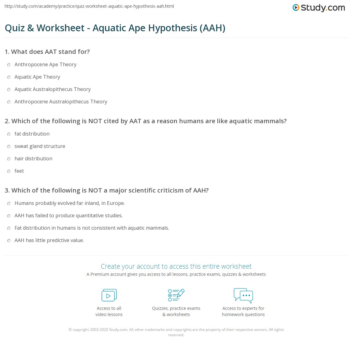 Quiz & Worksheet - Aquatic Ape Hypothesis (AAH) | Study.com