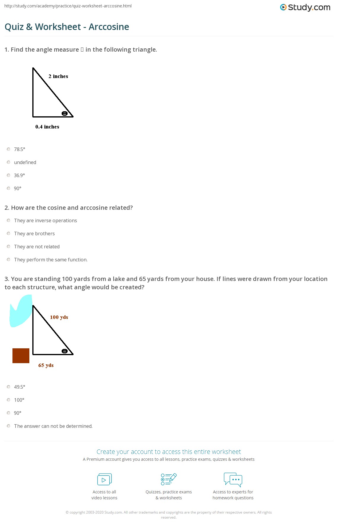 Quiz & Worksheet - Arccosine | Study.com