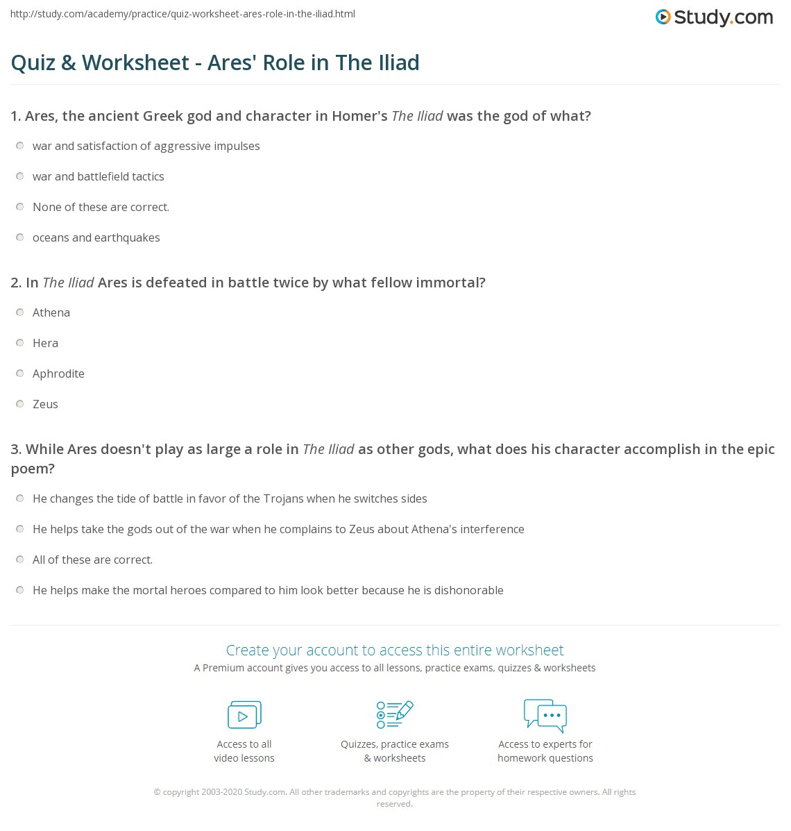 Quiz & Worksheet - Ares' Role in The Iliad | Study.com