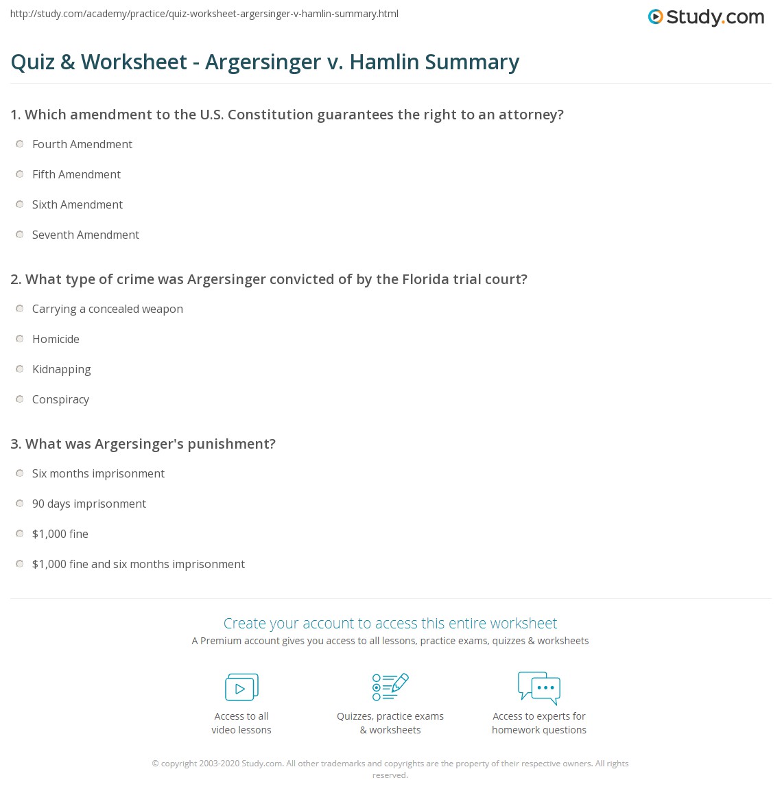 Quiz & Worksheet - Argersinger v. Hamlin Summary | Study.com
