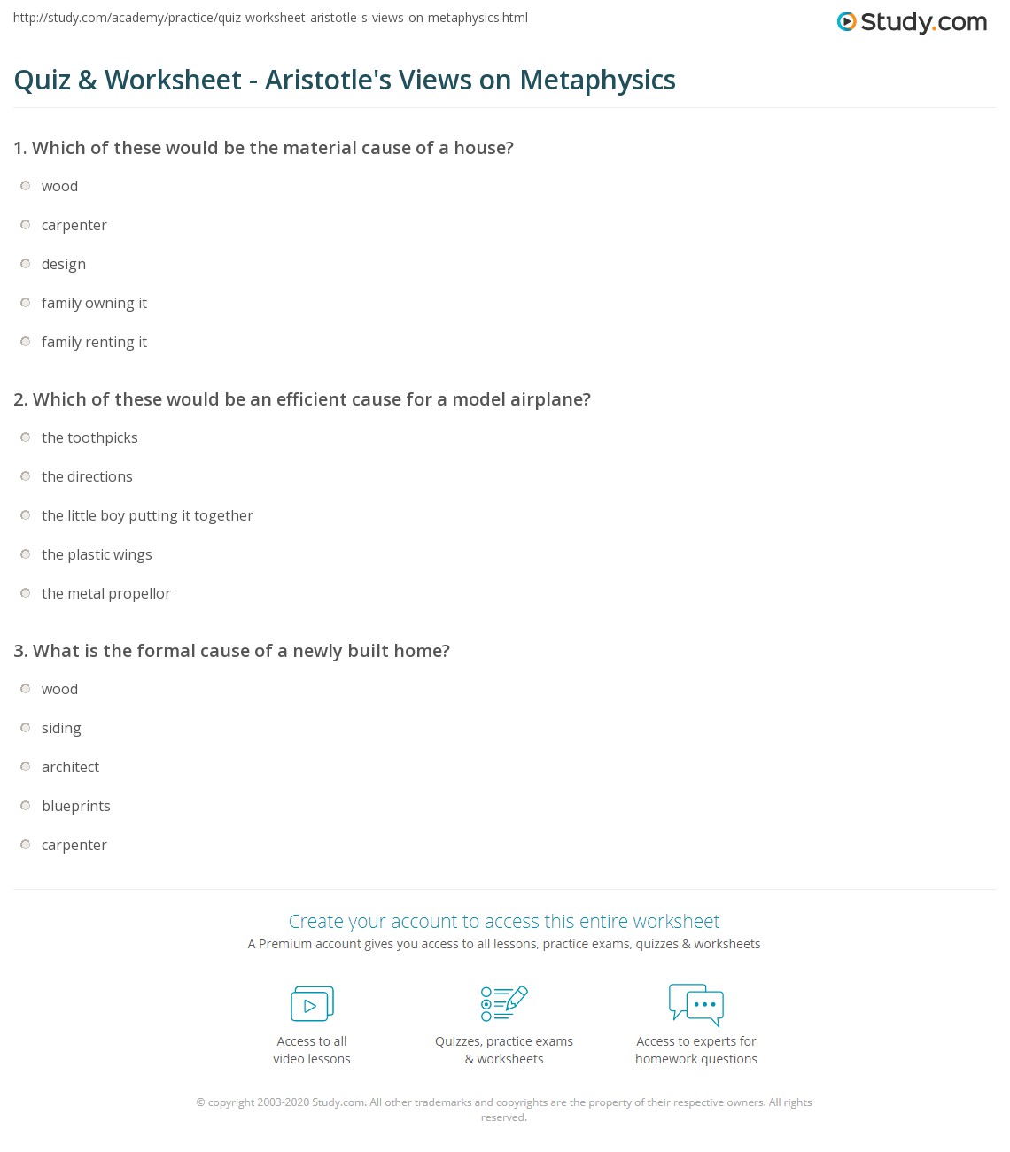 Quiz & Worksheet - Aristotle's Views on Metaphysics | Study.com