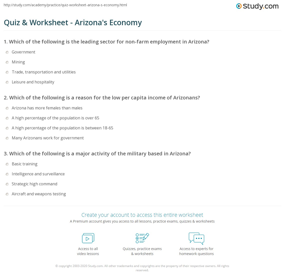 Quiz & Worksheet - Arizona's Economy | Study.com