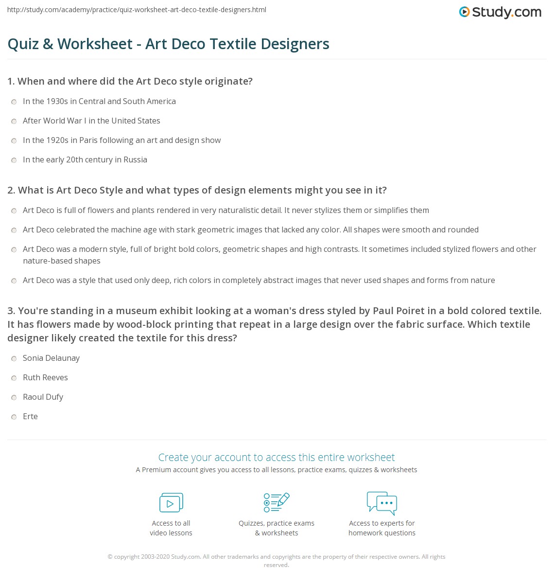 Quiz & Worksheet - Art Deco Textile Designers | Study.com