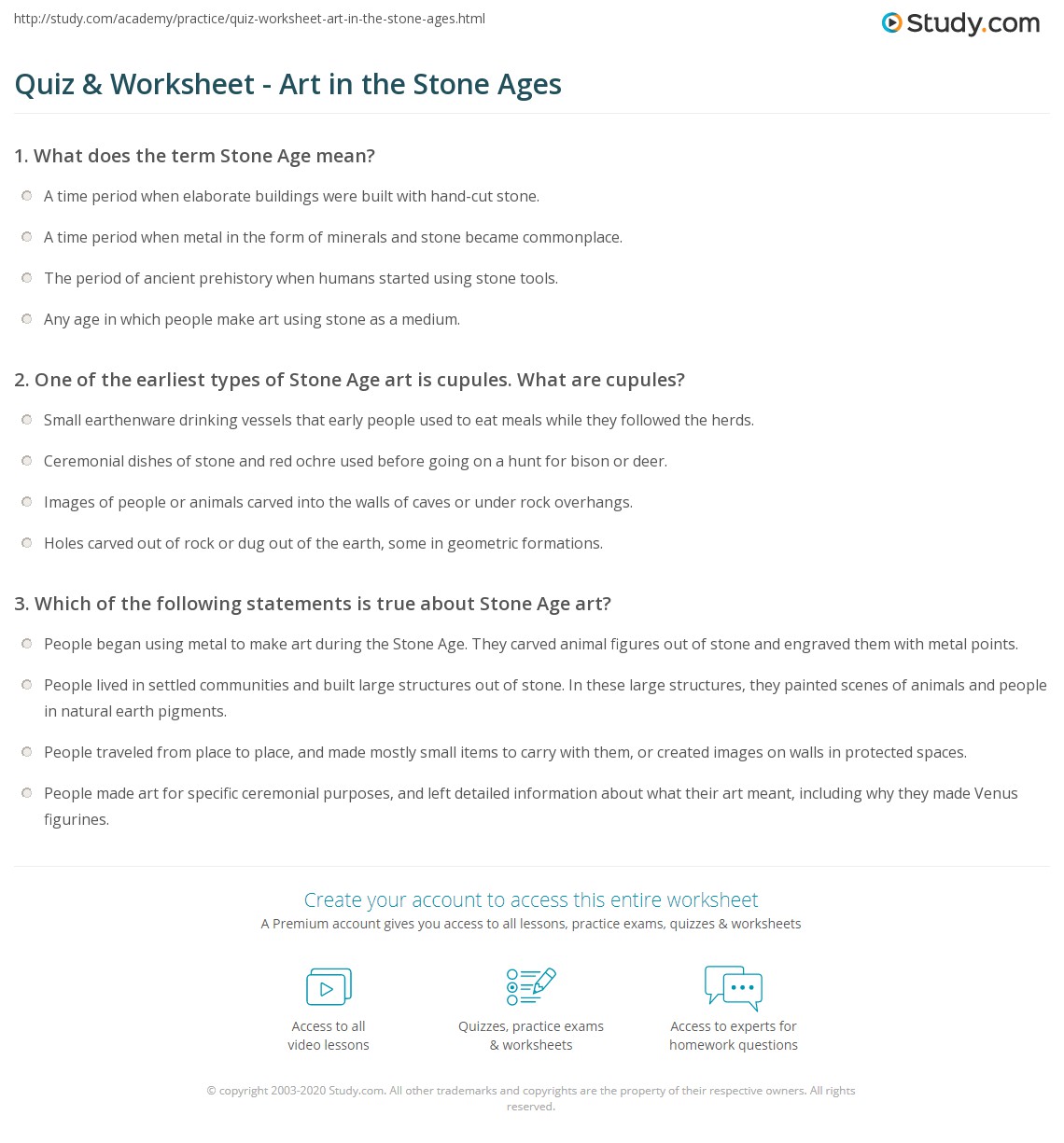 Quiz & Worksheet - Art in the Stone Ages | Study.com