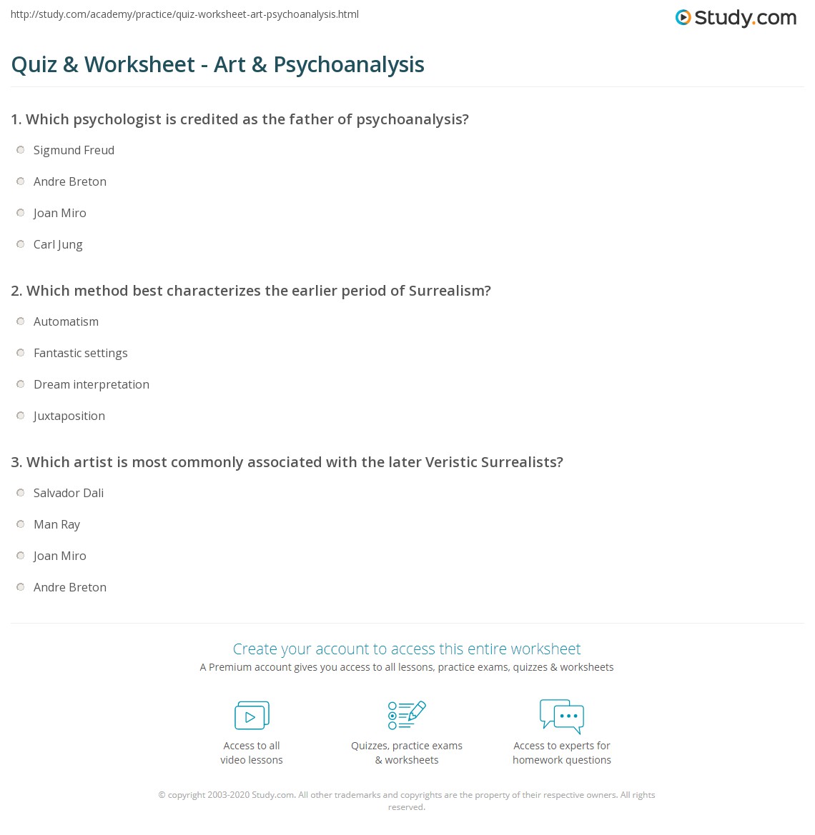 Quiz & Worksheet - Art & Psychoanalysis | Study.com