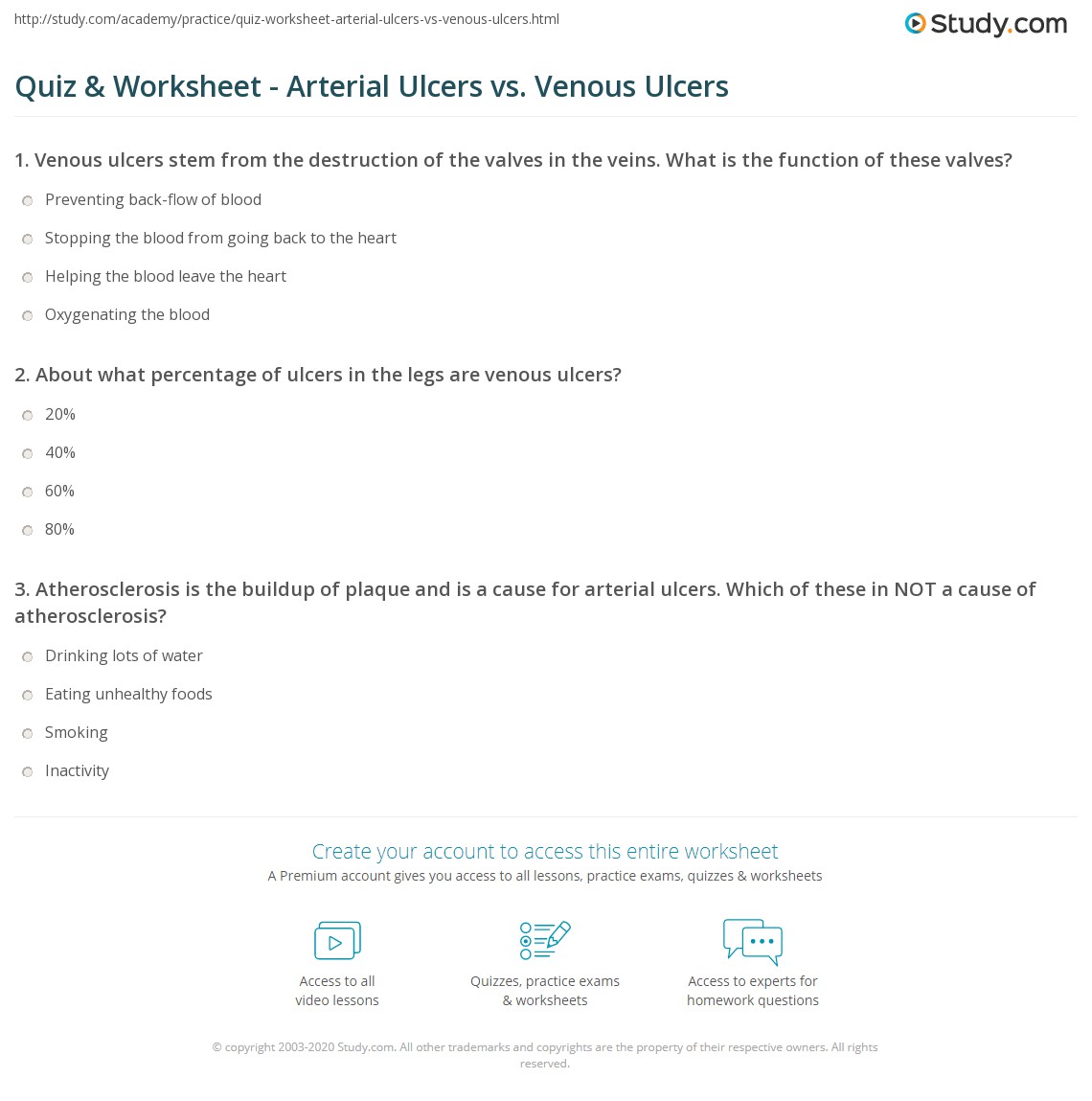 Quiz & Worksheet - Arterial Ulcers vs. Venous Ulcers | Study.com