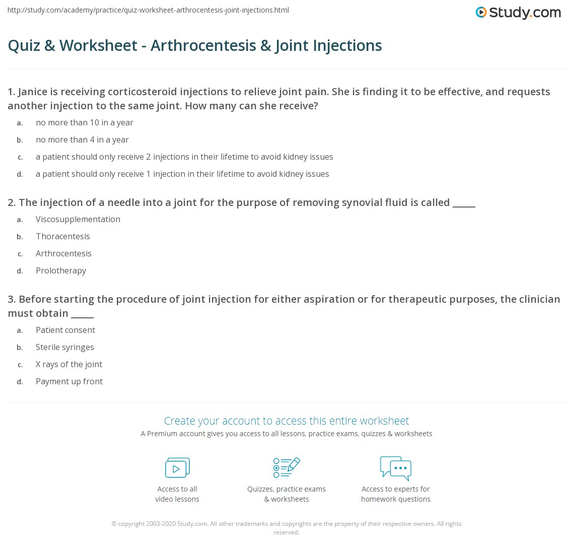 Quiz & Worksheet - Arthrocentesis & Joint Injections | Study.com