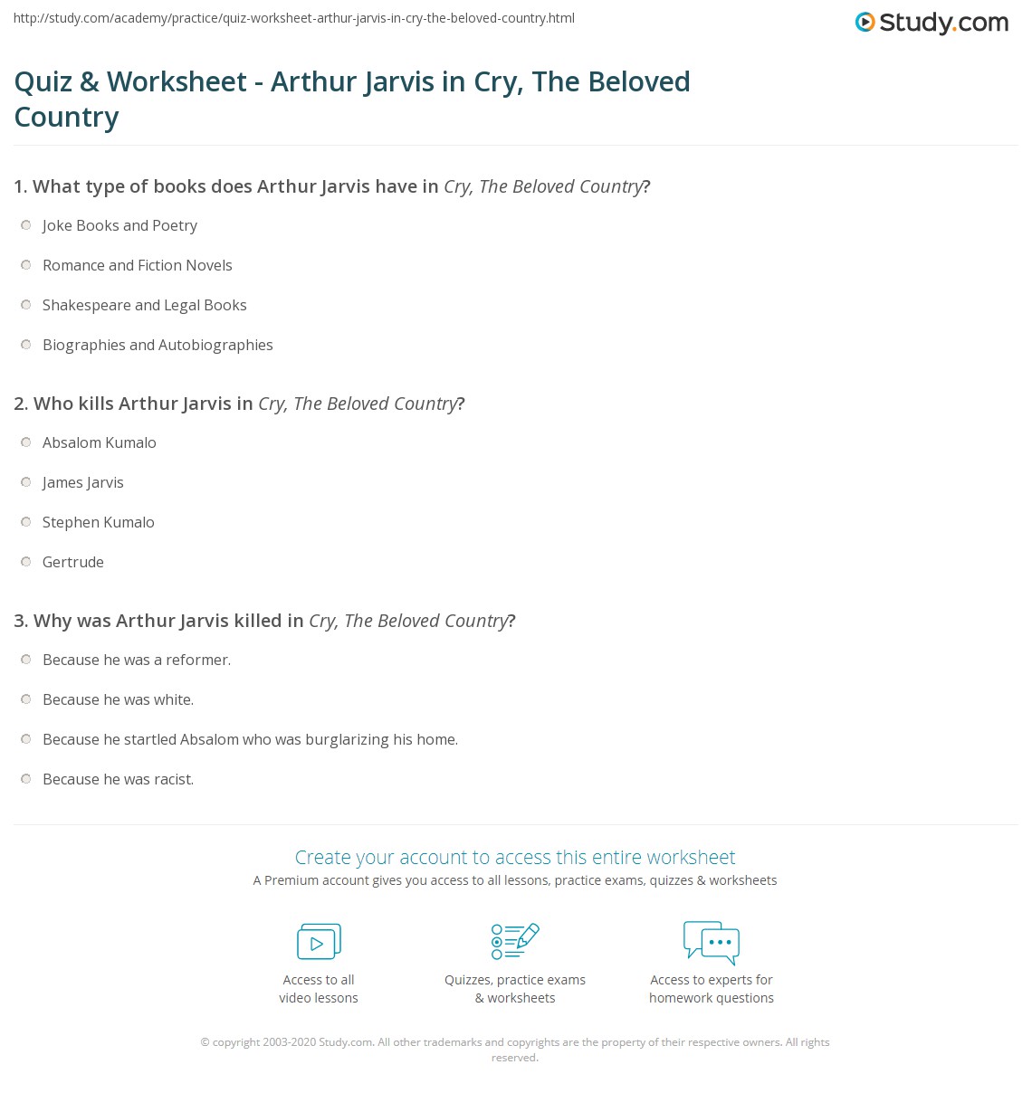 Quiz & Worksheet - Arthur Jarvis in Cry, The Beloved Country | Study.com