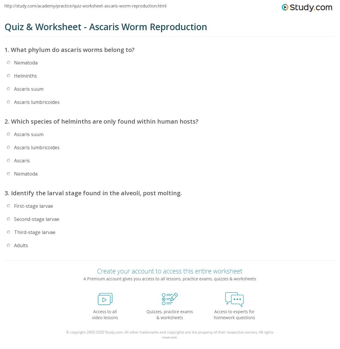 Quiz & Worksheet - Ascaris Worm Reproduction | Study.com