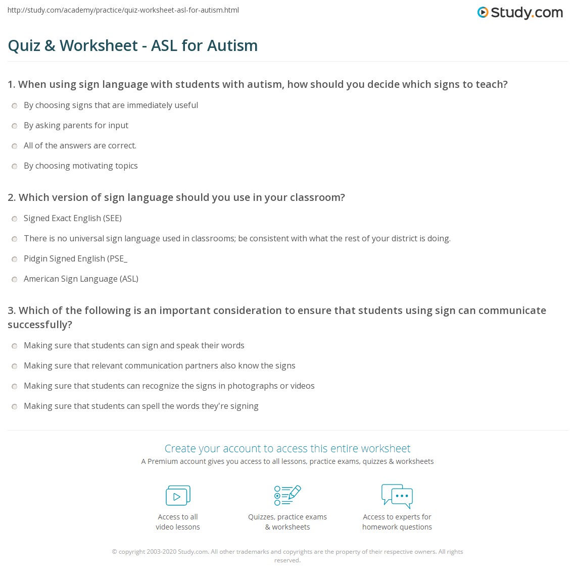 Quiz & Worksheet - ASL for Autism | Study.com