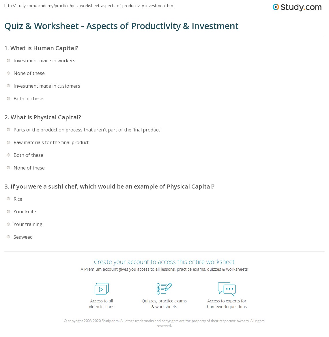 Quiz & Worksheet - Aspects of Productivity & Investment | Study.com