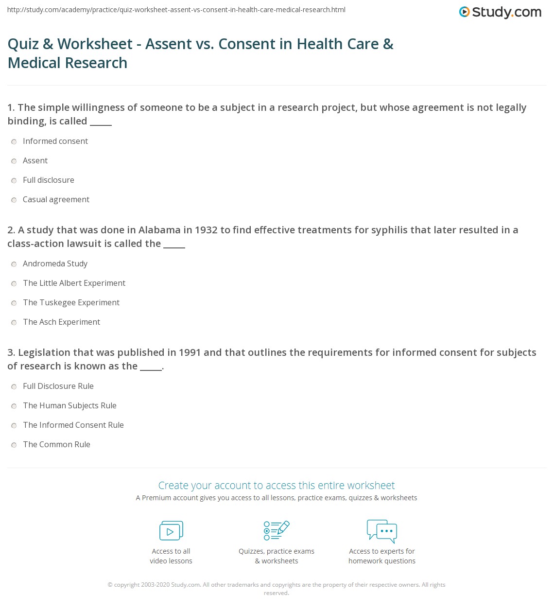 Quiz & Worksheet - Assent vs. Consent in Health Care & Medical Research ...