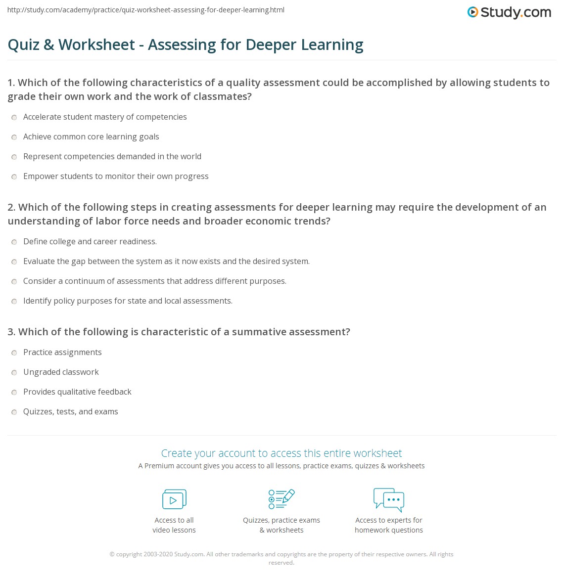 Quiz Worksheet Assessing For Deeper Learning Study