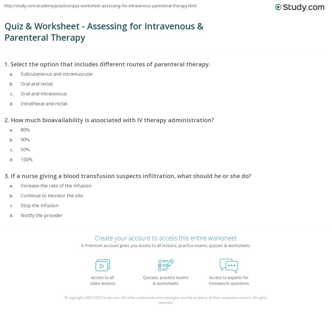 Quiz & Worksheet - Assessing for Intravenous & Parenteral Therapy | Study.com