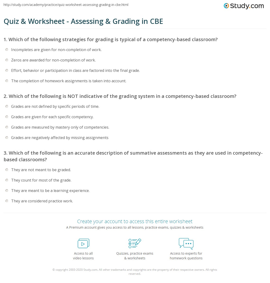 Quiz & Worksheet - Assessing & Grading in CBE | Study.com