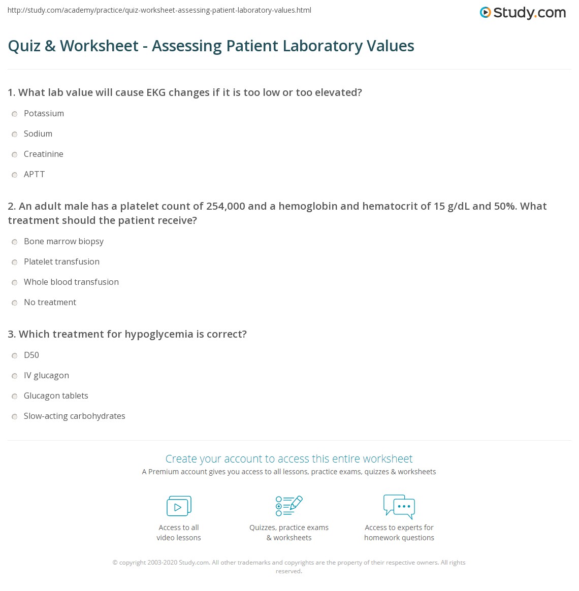 Quiz & Worksheet - Assessing Patient Laboratory Values | Study.com