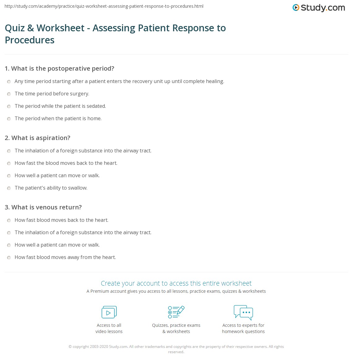 Quiz & Worksheet - Assessing Patient Response to Procedures | Study.com
