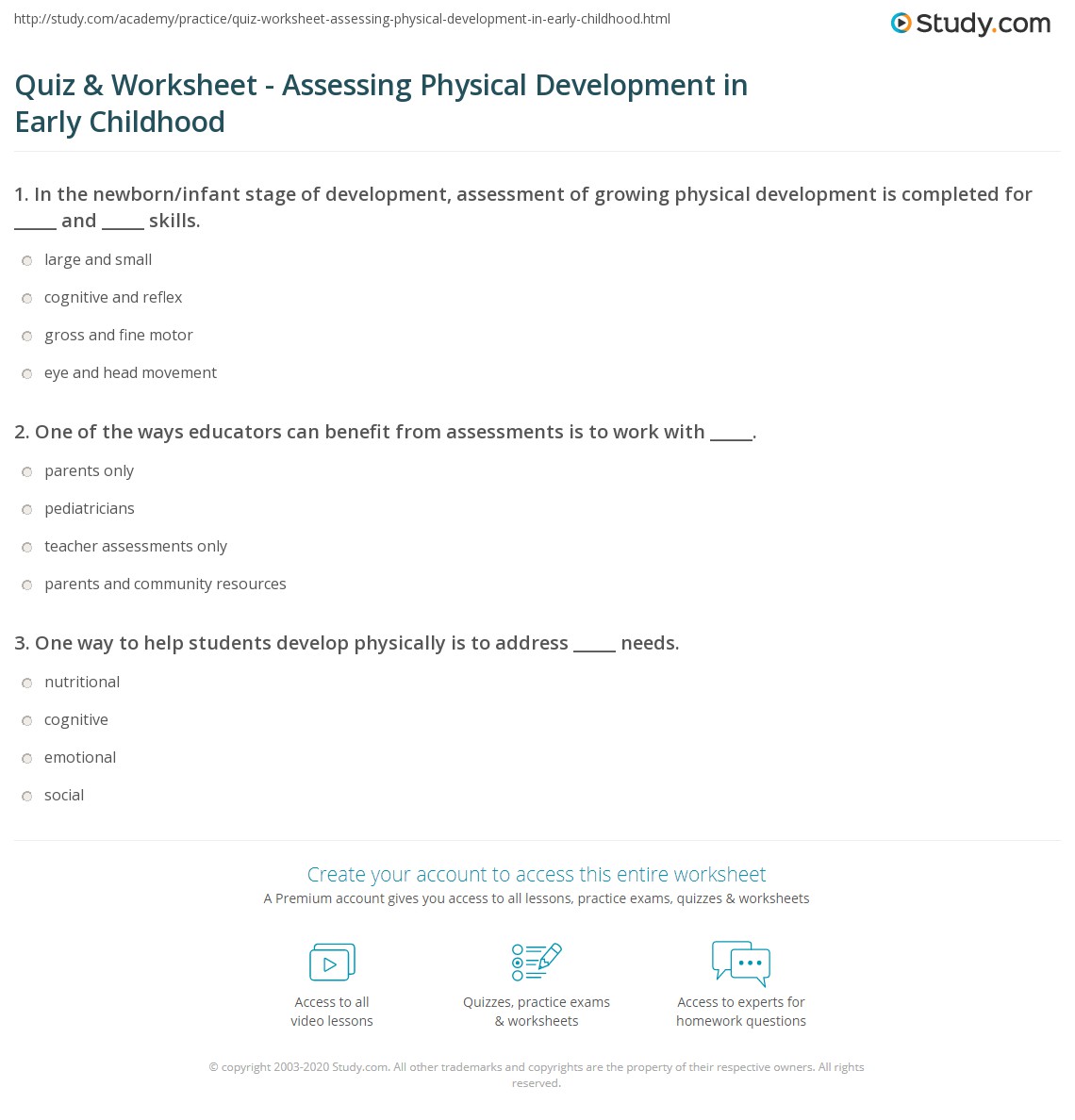 Quiz & Worksheet - Assessing Physical Development in Early Childhood ...