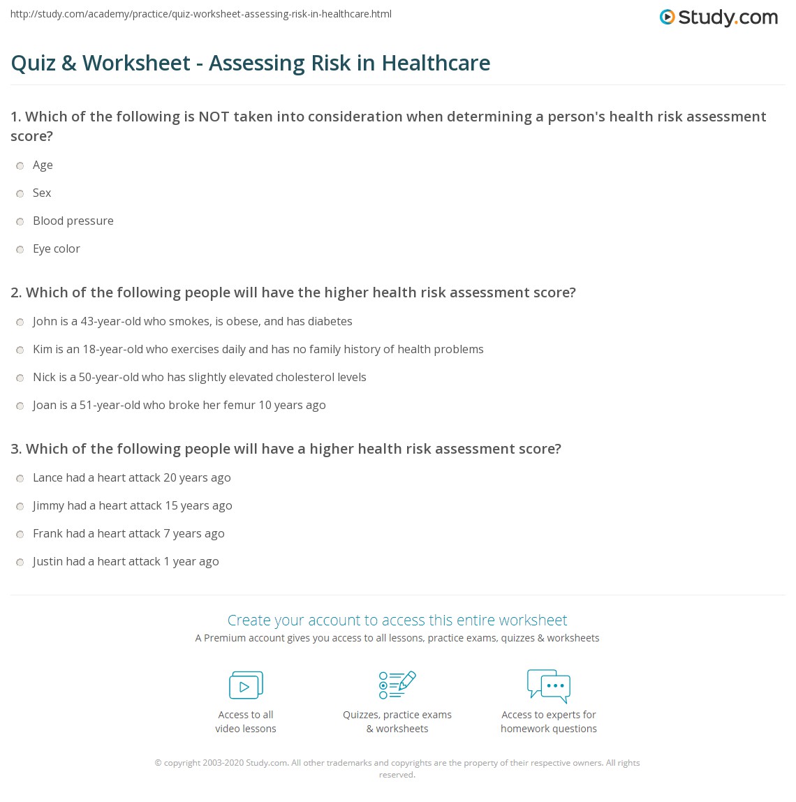 Quiz & Worksheet - Assessing Risk in Healthcare | Study.com