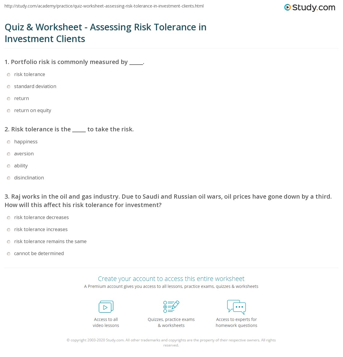 Quiz & Worksheet - Assessing Risk Tolerance in Investment Clients ...