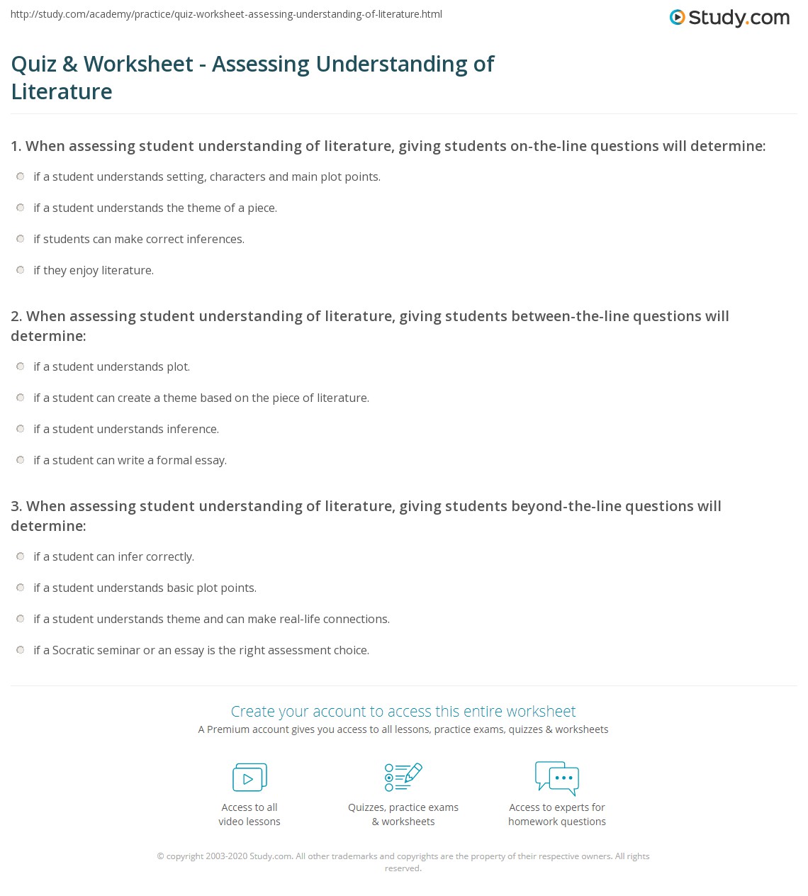 Quiz & Worksheet - Assessing Understanding of Literature | Study.com