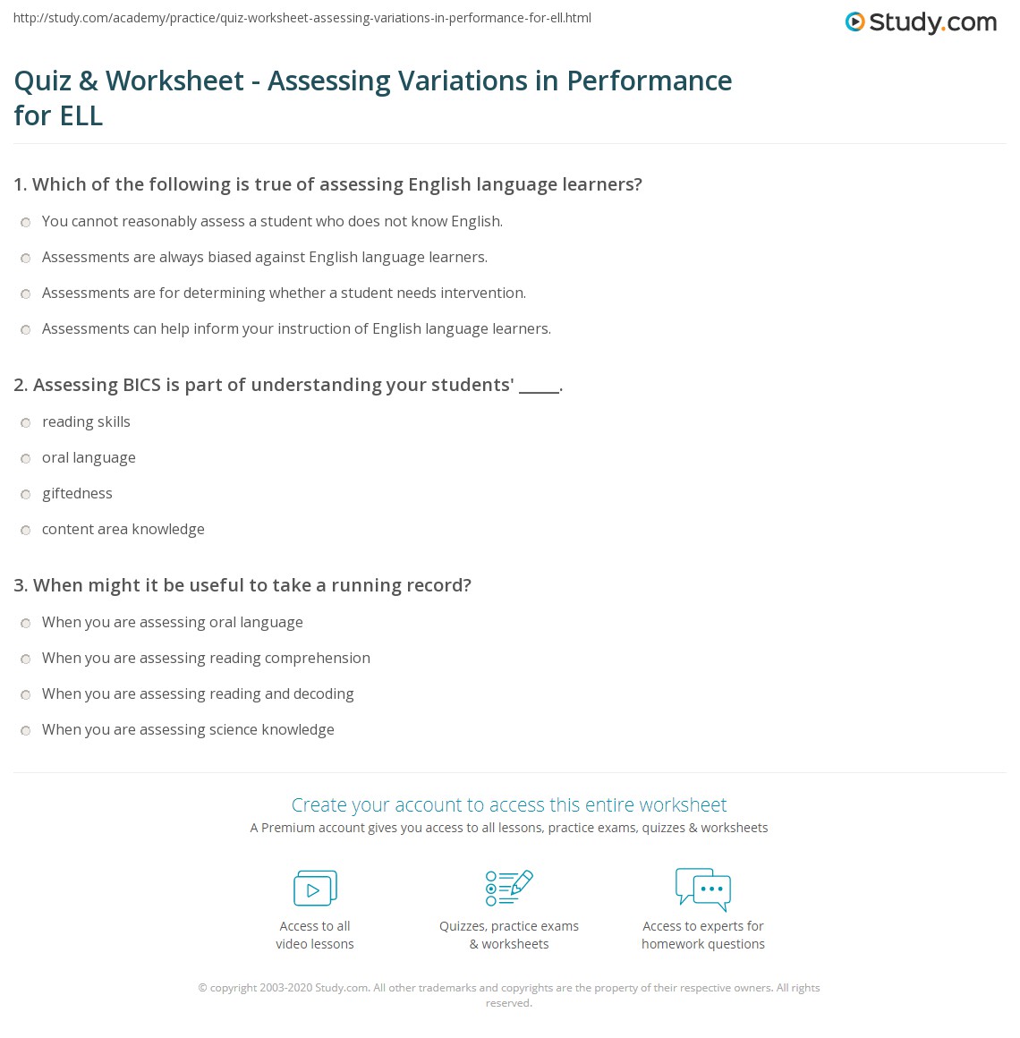 Quiz & Worksheet - Assessing Variations in Performance for ELL | Study.com