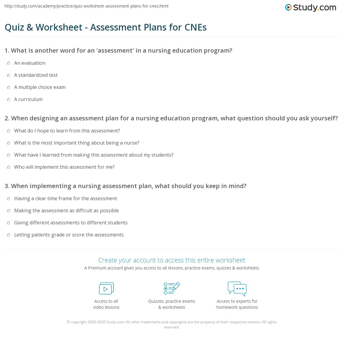 Quiz & Worksheet - Assessment Plans for CNEs | Study.com