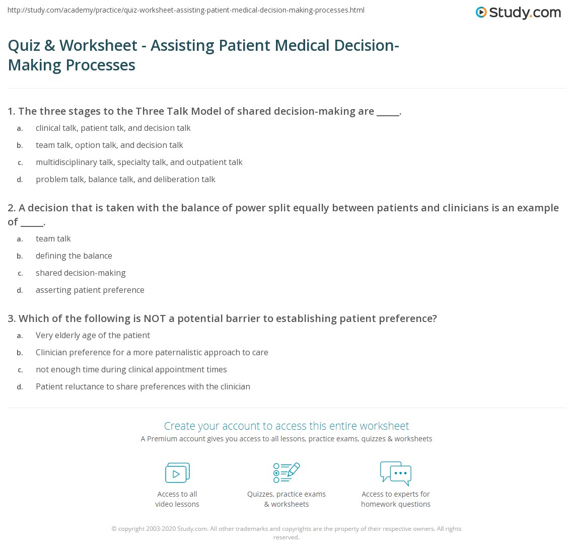 Quiz & Worksheet - Assisting Patient Medical Decision-Making Processes ...