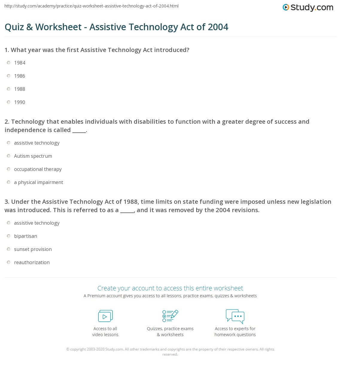 Quiz & Worksheet - Assistive Technology Act of 2004 | Study.com